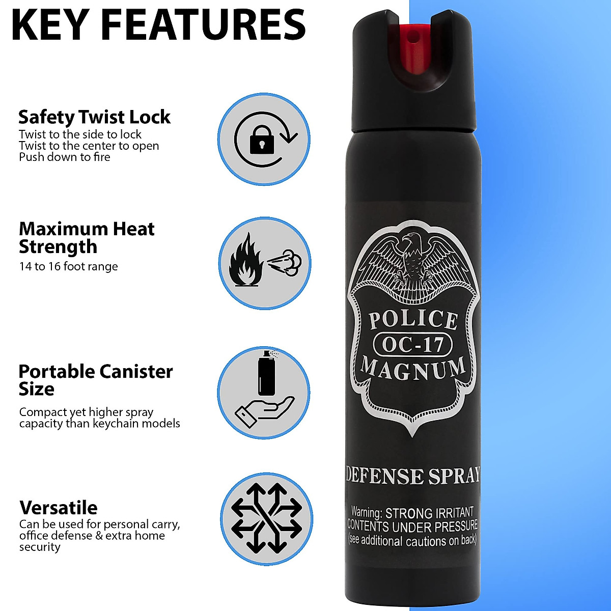 POLICE MAGNUM Large Pepper Spray 5 ounce Canister-16ft Range- Portable Self Defense Security- 5oz Twist Lock (Red)