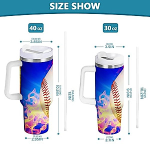 ODAWA 30 Oz Baseball Flames Blue Insulated Tumbler Cup with Lid and Straw, 2 in 1 Lid Insulated Stainless Steel Tumblers