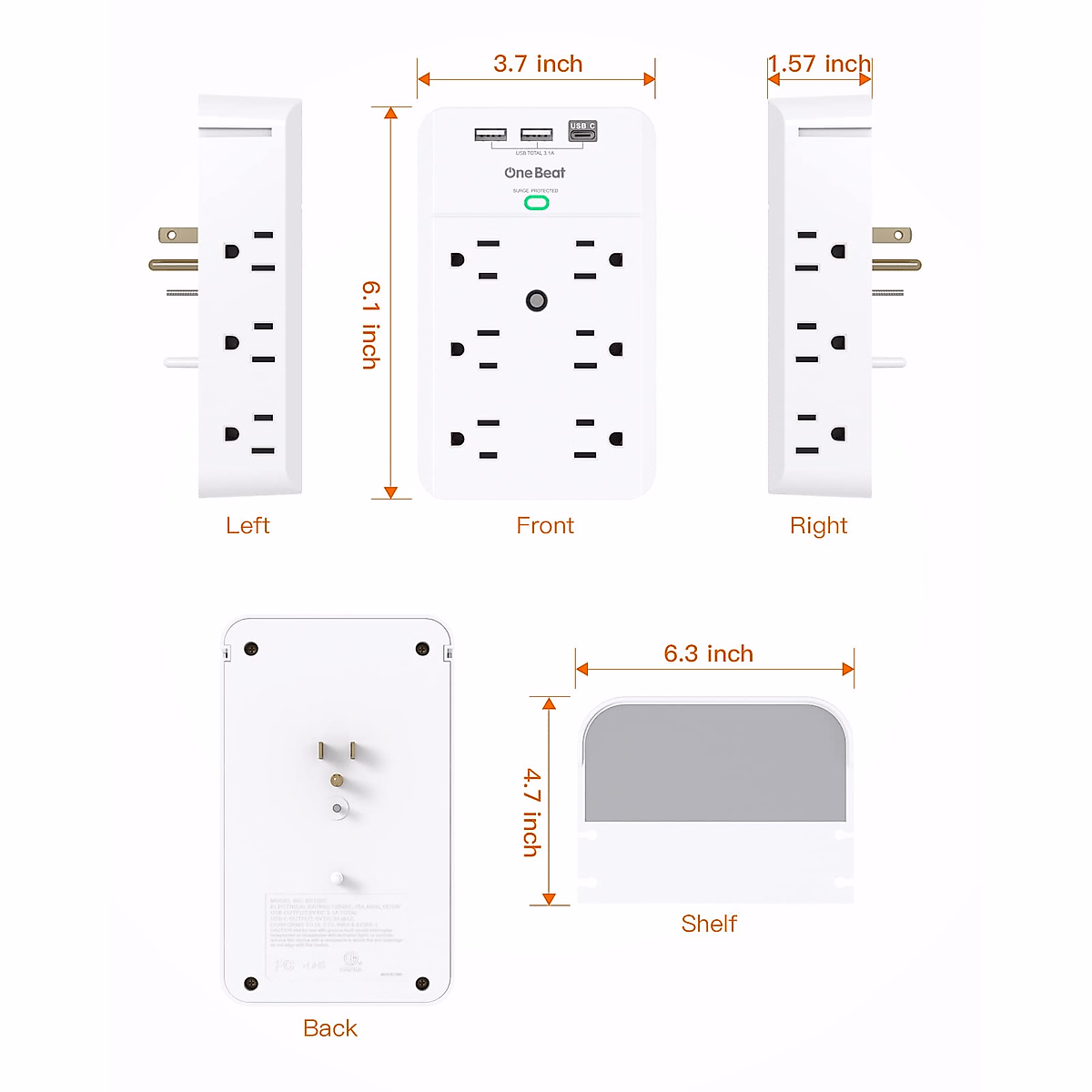 12-Plug Wall Outlet Extender with Shelf, Power Strips, Surge Protector 12 AC Outlets Multi Plug , 3 USB Ports (1 USB C Port) Expander for Home, Office, School