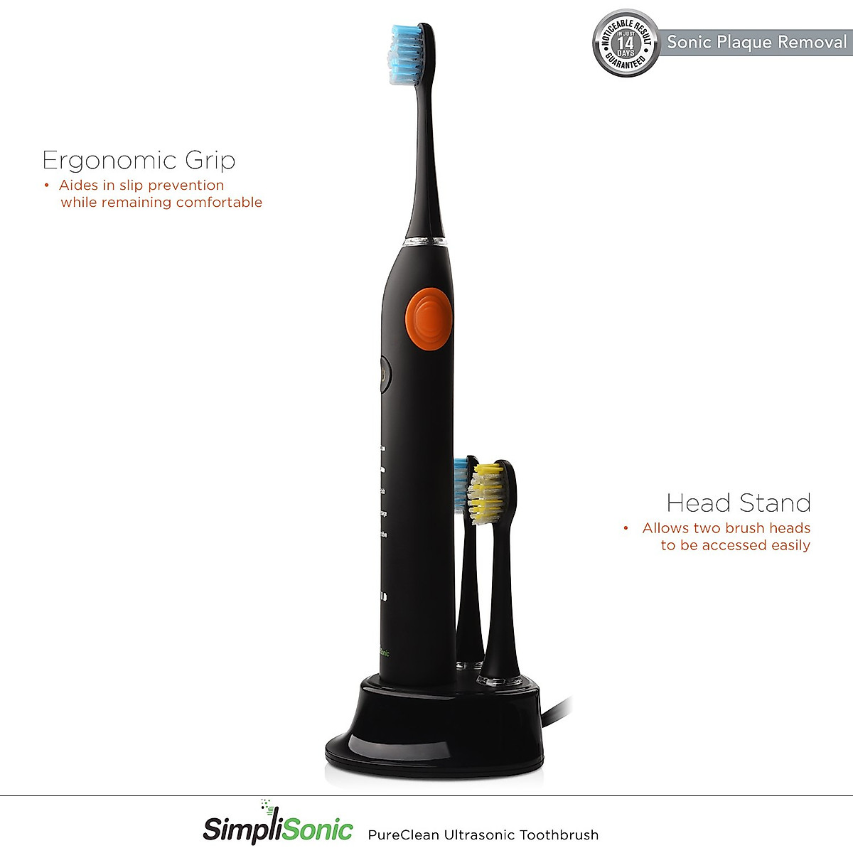 SimpliSonic Ultrasonic Rechargeable Electric Toothbrush Premium Package w/ 12 Heads (Black)