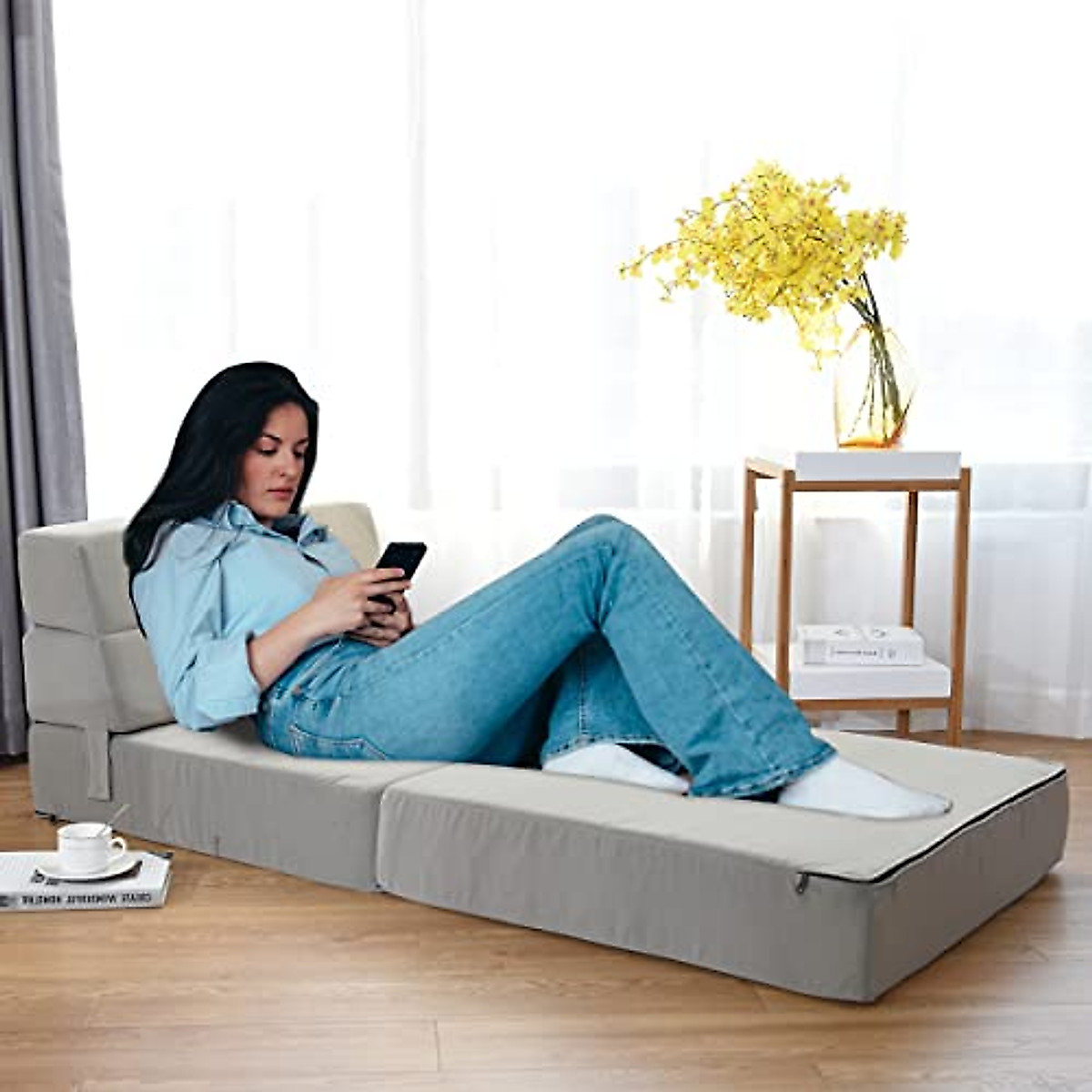 Casart Sofa Bed Tri-Fold Portable Sleeper Folding Memory Foam with Washable Cover Guest Chaise Lounge Padded Cushion Guest Sleeper Chair (Gray)