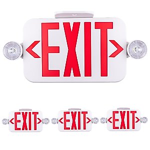 LIT-PaTH LED Combo EXIT Sign with 2 Adjustable Head Lights and Back Up Batteries- US Standard Red Letter Emergency Exit Lighting, UL 924 and CEC Qualified, 120-277 Voltage, 4-Pack