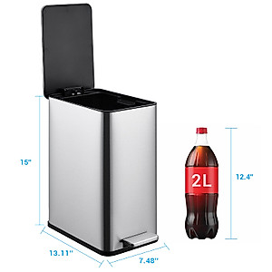 GarveeHome 10 Liter / 2.6 Gallon Small Bathroom Step Trash Can with Lid Soft Close, Step Pedal, with Removable Inner Bucket, Brushed Stainless Steel