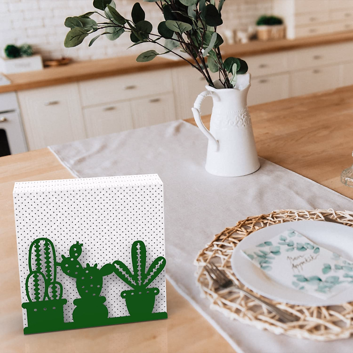 Decorelax Metal Napkin Holder for Home Kitchen Restaurant Picnic - Cactus Design Tabletop Paper Organizer Upright Tissue Dispenser (Green)
