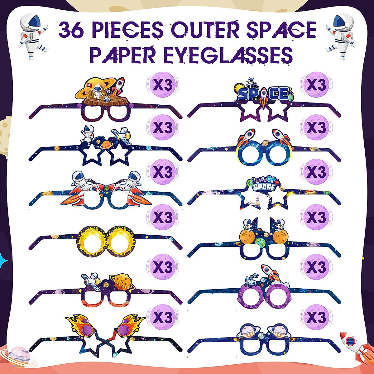 Fiada 36 Pcs Space Party Favors Birthday Gifts for Kids Space Paper Glasses Astronaut Eyeglasses Rocket Outer Planet for Boys Girls Holiday Band Birthday Baby Shower Party Decor