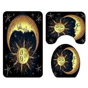 4PCS/Set Sun and Moon Print Pattern Shower Curtains Sets Polyester Waterproof Bathroom Shower Curtain Sets Non-Slip Bathroom Rugs Bath Mat Set Toilet Lid Cover+12 Hooks, Boho