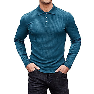 COOFANDY Mens Long Sleeve Polo Shirt Knit Pullover Golf Tops Sweater T Shirts Blue