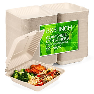 Sunlive 100% Home Compostable 50 Pack Disposable Clamshell Take Out Food Containers, 8X8'' 1-Compartment to go Containers, Heavy-Duty to go Boxes, Eco-Friendly Biodegradable, Made of Sugarcane Fibers