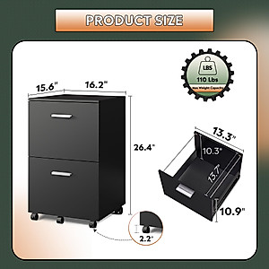 DEVAISE 2 Drawer File Cabinet, Mobile Printer Stand, Wood Filing Cabinet fits A4 or Letter Size for Home Office, Black