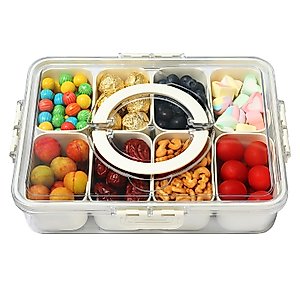 Divided Serving Tray with Lid and Handle, Snack Containers Travel Snackle Box Clear Organizer Food Storage Fresh-keeping Box for Candy Fruits Nuts Snacks, (1 Pack with 8 compartments)