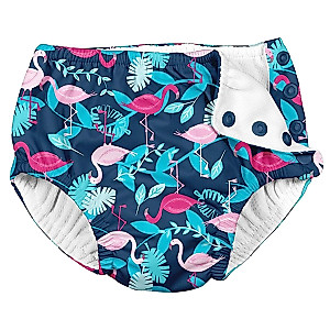 i Play by Green Sprouts Girls Reusable Absorbent Baby Swim Diapers - Swimming Suit Bottom | No Other Diaper Necessary Navy and Pink Flamingos 18 Months