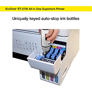 Epson EcoTank ET-2720 All-in-One Wireless Color Inkjet Supertank Printer for Office, White - Print Scan Copy - 5760 x 1440 dpi, Voice Activated, 10.5 ppm, 1.44" LCD, Borderless Print, Ethernet, WiFi