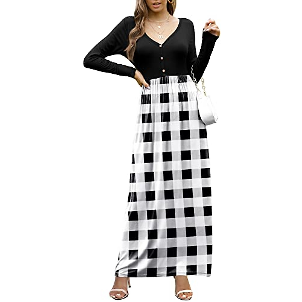 GRECERELLE Women's Long Sleeve Casual V Neck Plain Floral Print Maxi Dresses with Pockets Long Dress