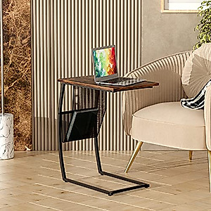 EKNITEY C Shape Side Table - End Table Vintage Small Sofa Table Couch Table with Storage Side Pocket for Living Room Bedroom Coffee Snack Laptop and Small Spaces