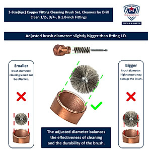 3-Size[6pc] Fitting Cleaning Brush Set (1/2, 3/4, 1.0-inch) Copper Pipe Cleaner for Power Drill, Stainless-Steel Wire Bore Brush, Metal Tube Brushes, Prep Copper/Bronze/Brass Fittings for Soldering