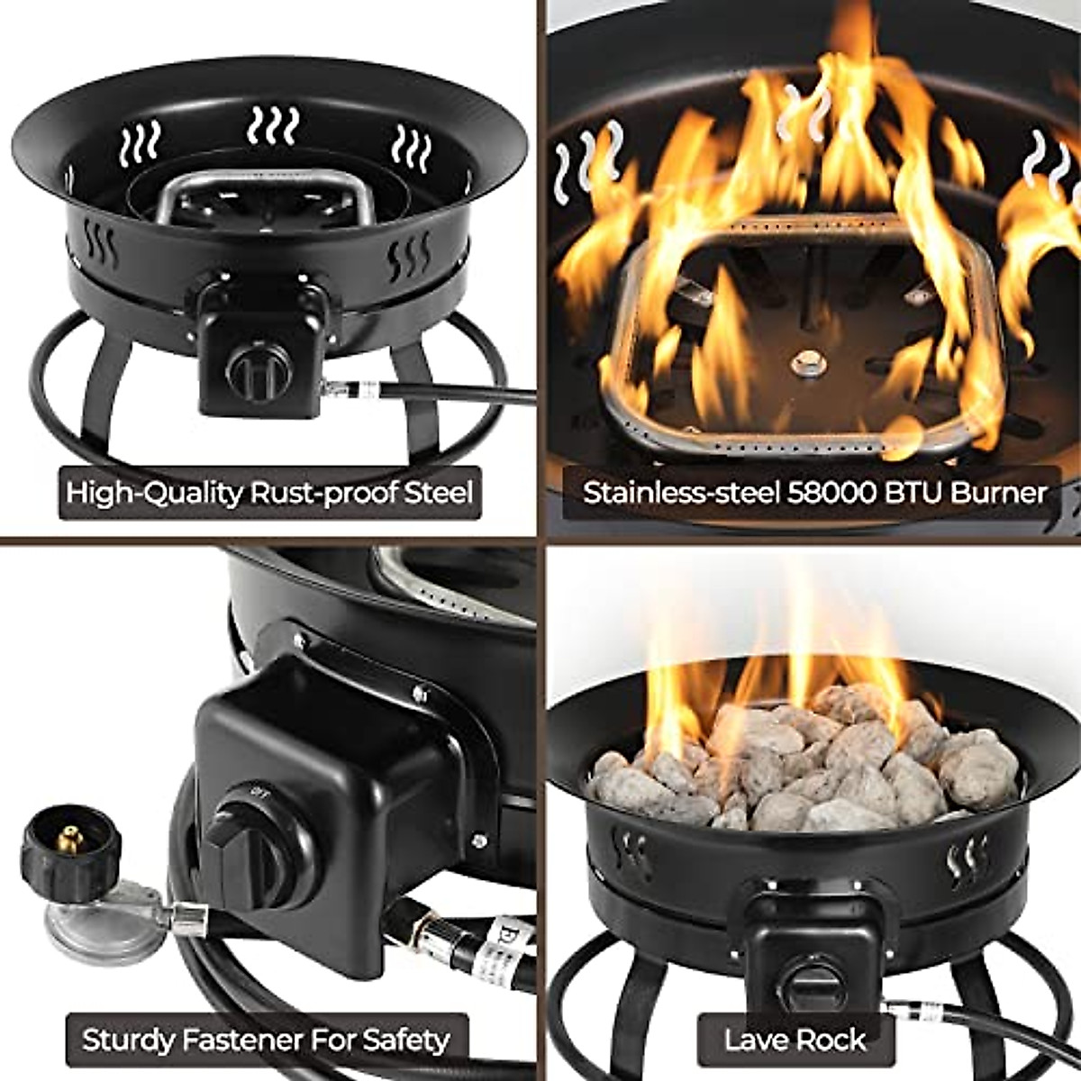TLSUNNY 24''/ 19'' Propane Fire Pit, 58,000 BTU Portable Gas FirePit, Camp Steel Gas Fire Bowl with Cover, Lava Rock, Tank stabalizer Ring and Carry Straps for Patio, Backyard, Tailgating, Deck, RV