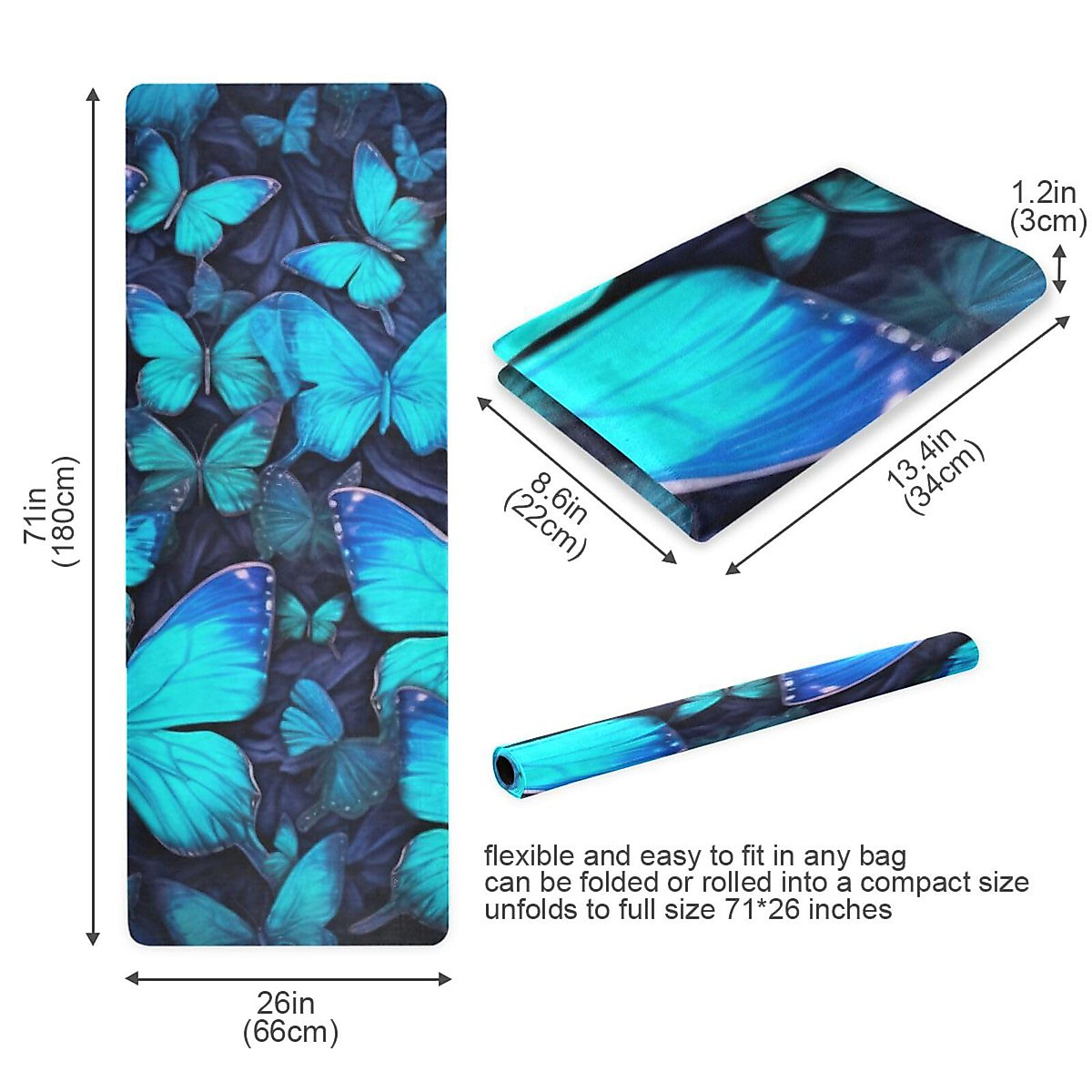 GOODOLD Blue Butterflies Yoga Mat, 71 x 26 Inch Non-slip Yoga Mats Folding Travel Exercise Mat Indoor Outdoor Gym Pilates with Storage Bag for Women Men