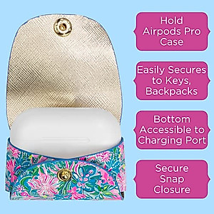 Lilly Pulitzer Blue Leatherette AirPods Pro Holder, Cute Keychain Case with Access to Charging Port, Golden Hour