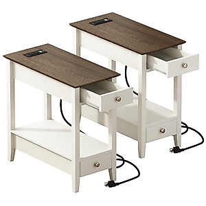 Treocho Farmhouse End Tables Living Room Set of 2, Narrow Side Table with Charging Station, White Sofa Bedside Table for Small Spaces, Living Room, Bedroom