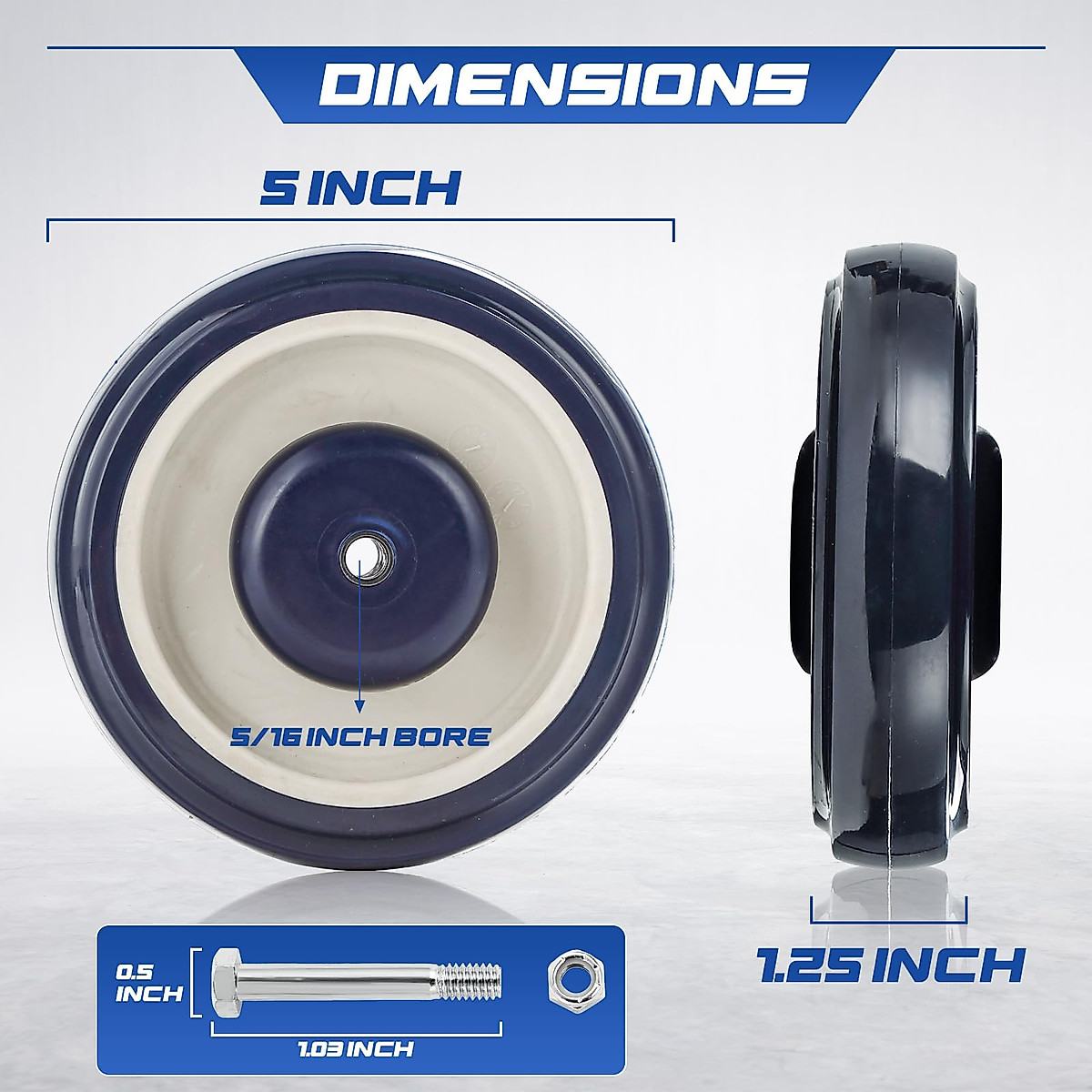 NATGAI 4 Pack Shopping Cart Replacement Wheels Kit, 5" Diameter 1.2" width 5/16“ Bore Noiseless Shopping Cart Wheels with Axles Bolts 4 sets, Total 1000 Lbs (Blue)