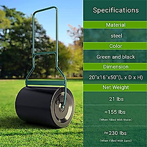 Arnot Lawn Roller, Heavy-Duty Push/Tow Behind Water/Sand Filled Roller for Park, Garden, Yard, Ball Field, 16x20-Inch, 60L/ 16 Gallons, Black