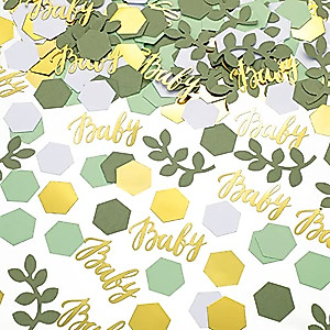 220 Pieces Greenery Baby Shower Confetti Decorations with Eucalyptus Sage Green Paper Table Confetti Hexagon Shape Table Scatter Confetti Gold White Green Confetti for Girl Boy Gender Reveal Party