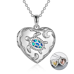 WINNICACA Sea Turtle Necklace for Women, Sterling Silver Heart Locket Necklace with Created Opal, 18+2 inch Rolo Chain, Picture Locket Necklace for Girls, Christmas Gifts for Mom