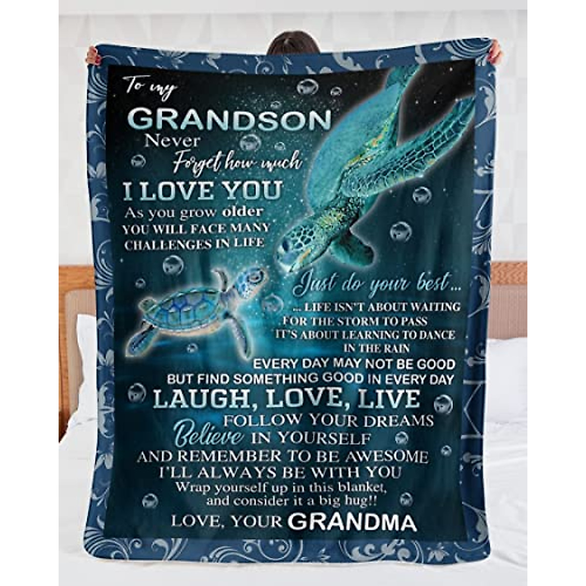 Personalized to My Grandson Blanket from Mimi Never Forget That I Love You Sea Turtle Custom Name Grandsons Gifts Fleece Sherpa Blanket for Birthday Christmas Xmas Graduation, Multi Color
