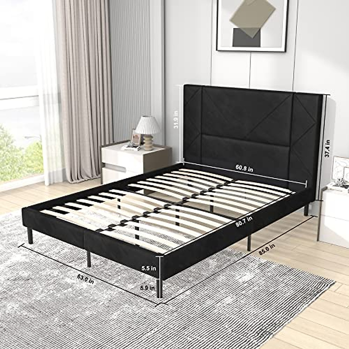 Flolinda Queen Bed Frame, Upholstered Bed Frame Queen Size with Tufted Velvet Headboard, Mattress Foundation, Strong Wood Slat Support Double Bed Frame, No Box Spring Needed, Easy Assembly,Black