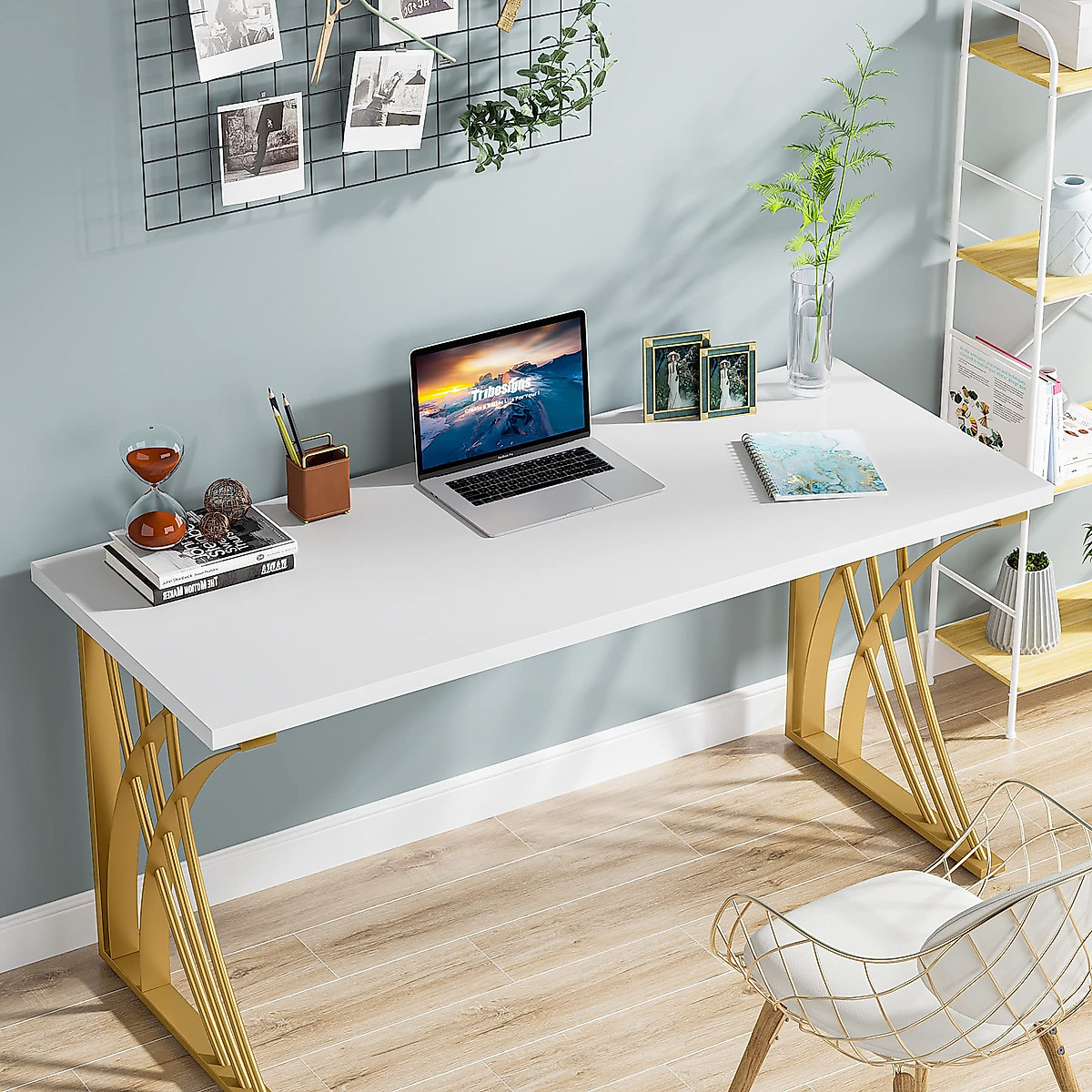 Tribesigns 55’’ Large Modern Computer Desk, White & Gold Luxury Laptop PC Student Table, Makeup Vanity Table with Thick Frame & Strong Legs, Sturdy Writing Workstation for Home & Office