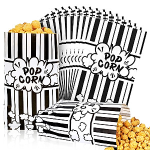 Whaline 200Pcs Movie Night Paper Popcorn Bags 2 oz Black and White Stripe Flat Bottom Popcorn Container Grease Resistant Large Sleeve Popcorn Bucket Disposable for Retro Movie Themed Party Carnival