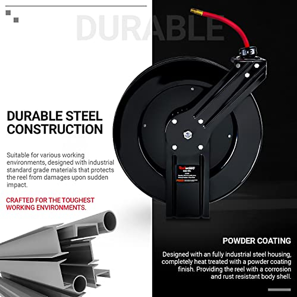 ReelWorks Air Hose Reel Retractable 3/8" Inch x 80' Foot Max 300PSI Longest Ever Hybrid Polymer Hose Industrial Steel Construction