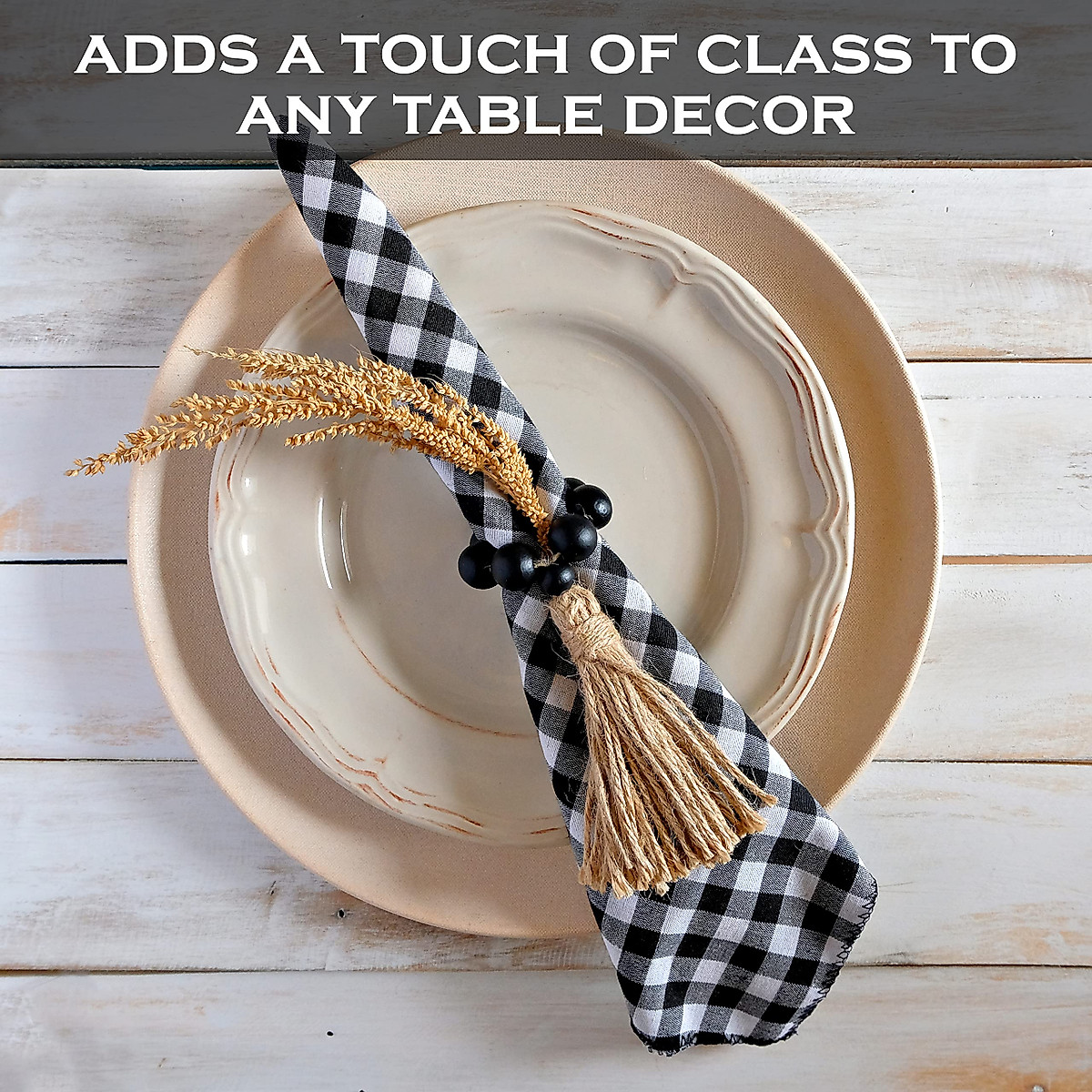 Wood Bead Napkin Rings Set of 6, Stretchable Farmhouse Napkin Ring 6, Elastic Boho Napkin Rings, Beaded Napkin Rings, Wood Napkin Ring Rustic Napkin Rings, Wooden Napkin Rings Fall Napkin Rings Tassel