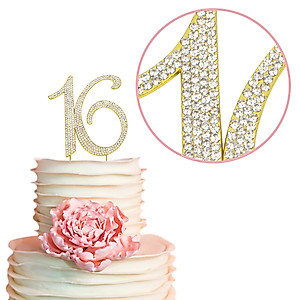 16 Cake Topper - Premium Gold Metal - Sweet 16 Birthday Party Sparkly Rhinestone Decoration Makes a Great Centerpiece - Now Protected in a Box