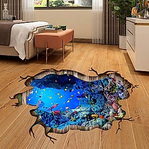 BOSUE SLLXG 3D Underwater World Wall Decal Home Floor Stickers Decor Vivid Fish Sea Turtle Broken Animals Art Wall Decal Under The Sea Bathroom Bedroom Decor Floor Sticker Nursery -80*120cm
