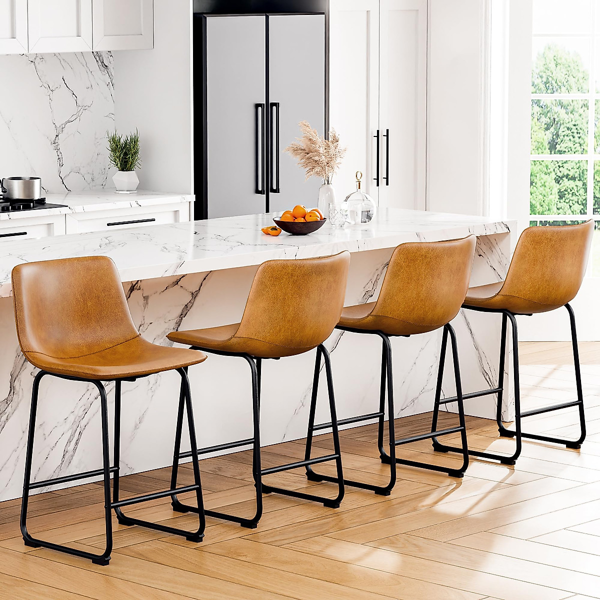 REONEY Bar Stools Set of 4, PU Leather Counter Height Bar Stools, 26" Modern Bar Stools with Metal Legs and Footrest, Urban Armless Dining Chairs with Backrest for Kitchen Island (Brown)