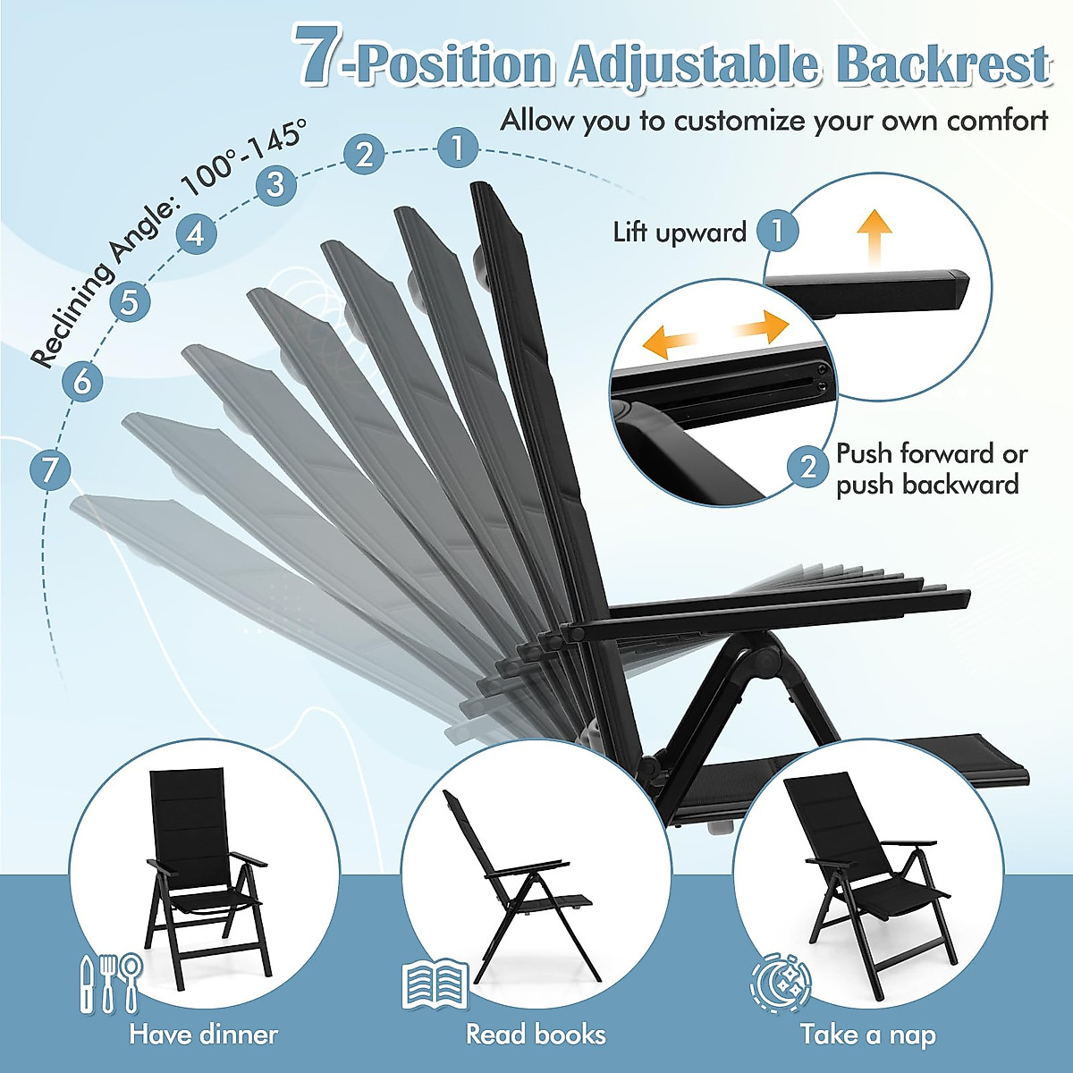 Tangkula Patio Folding Chair Set of 4, Outdoor Dining Chairs with Soft Padded Seat, 7-Position Adjustable Backrest, Armrests, Portable Sling Reclining Chairs for Porch Pool Backyard Camping (4, Black)