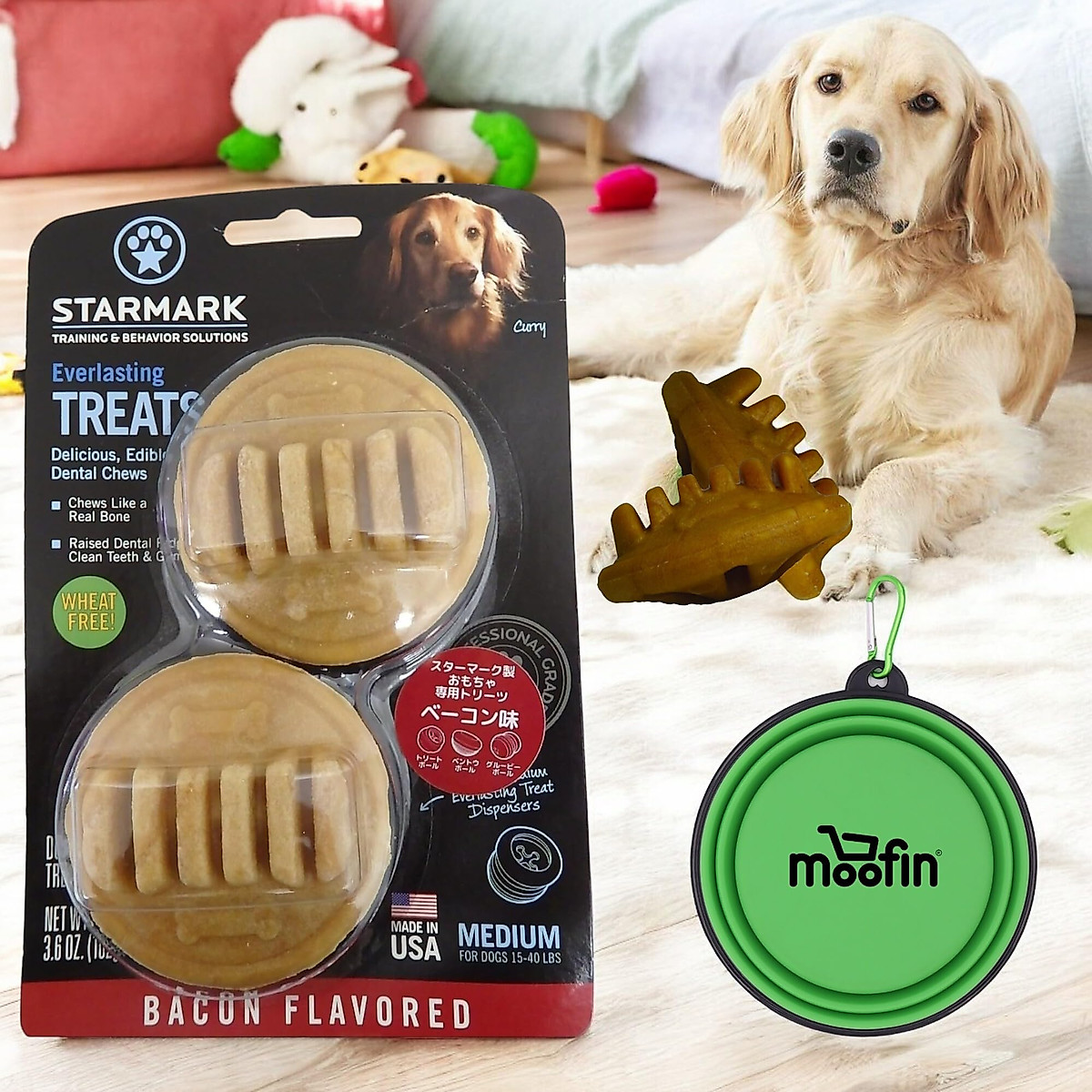 Dental Chews Bacon Flavor Dog Dental Chew, 3.6 Ounces, Bundle with Moofin Silicon Pet Bowl - Promotes Oral Health, Fits Treat Dispensers [Pack of 3]