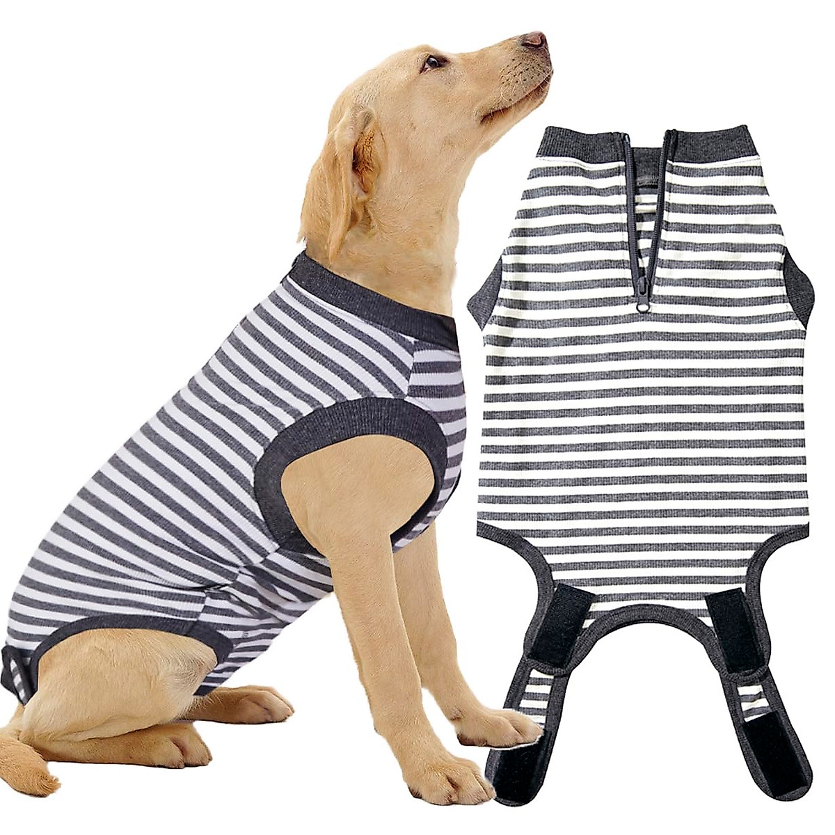 Wabdhally Dog Surgery Recovery Suit,Surgical Suit for Large Female Spay,Soft Combed Cotton,Grey Striped Zipper Onesie XL