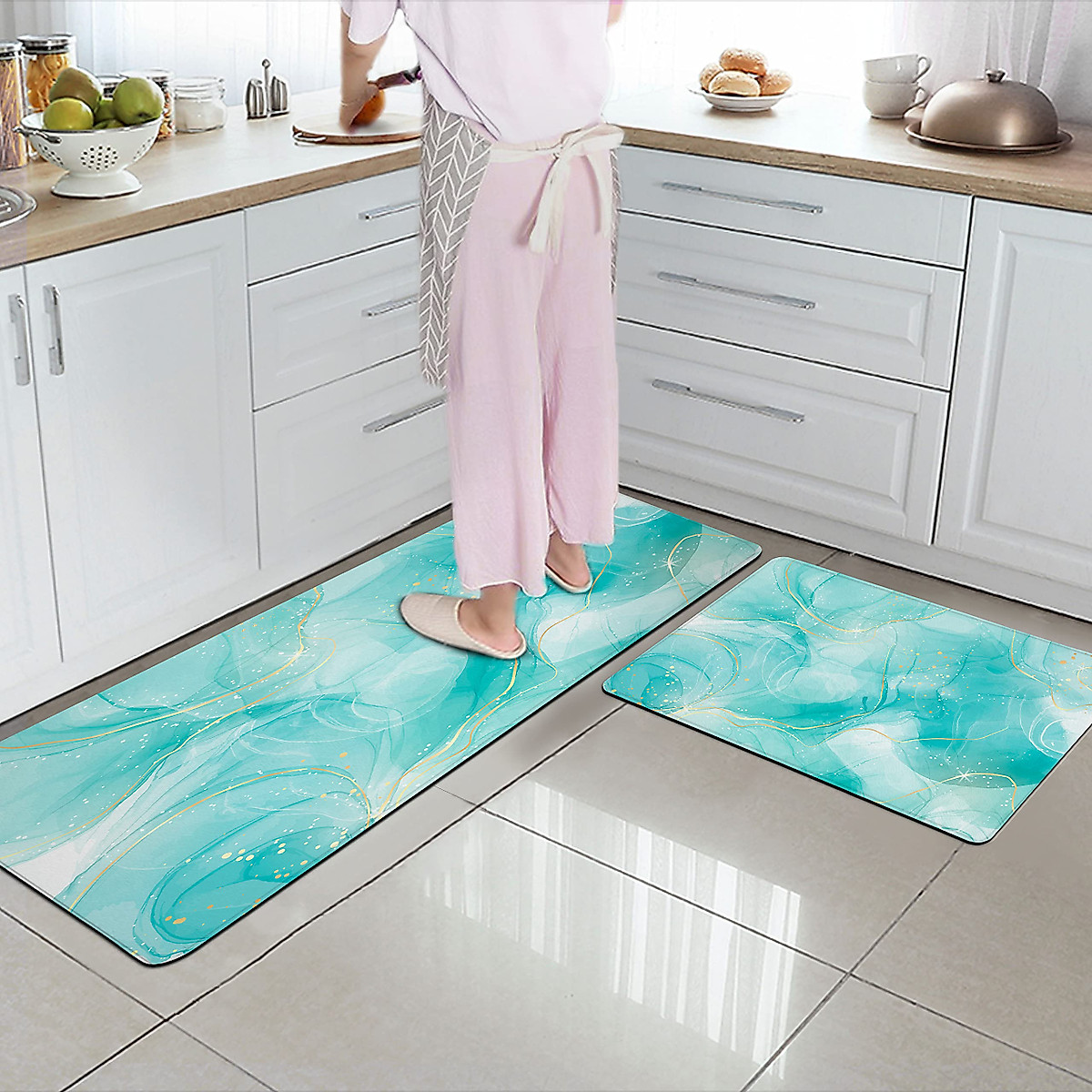 Teal Marble Kitchen Rugs Mats Sets 2 Gold Blue Turquoise Abstract Cushioned Anti-Fatigue Kitchen Floor Mat PVC Non-Slip Memory Foam Comfort Standing Mat for Sink Laundry, 17.3''x 28''+17.3'' x 47''