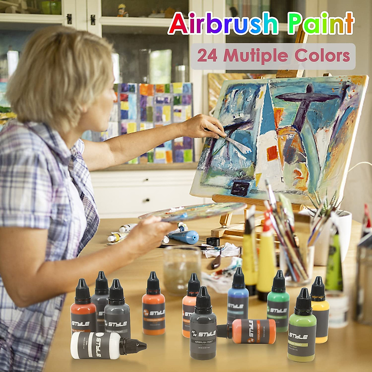 rhinowisdom Airbrush Paint - 24 Colors Airbrush Paint Set 1fl oz, Opaque & Brilliant Colors, Leather & Shoe Acrylic Air brush Paint Kit Ready to Spray Water Based for Artists Beginners Hobbyist…
