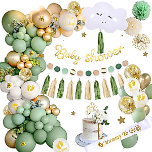 Sage Green Baby Shower Decorations, Baby Shower Decorations for Boy Girl, Sage Green Gold Balloons Garland Kit with Safari Baby Shower Decorations Olive Neutral Jungle Gender Reveal Party