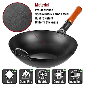 YOSUKATA Carbon Steel Wok Pan – 13,5 “ Woks and Stir Fry Pans 17’’ Wok Spatula and Ladle