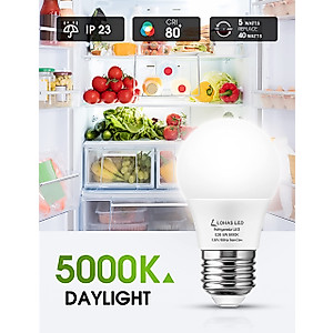 L LOHAS LED Refrigerator Light Bulb, 40W Equivalent 120V A15 Fridge Waterproof Bulbs, 5W E26 Medium Base Daylight White 5000K for Freezer Home Kitchen Lighting, Non-dimmable, 2 Pack