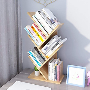 QUMENEY Tree Bookshelf, 5 Shelf Display Bookcase,Tree Bookcase for Books/CDs/Albums/Files Holder, Free Standing Book Shelves Organizer for Office，Bedroom, Living Room (Light Walnut)