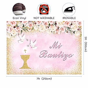 7x5ft Mi Bautizo Backdrop for Girl Baptism Gold Bless Background Pink Flower Golden Dots Photography Baby Shower Banner Party Decorations Floral Newborn Baby Shower Photo Booth Props