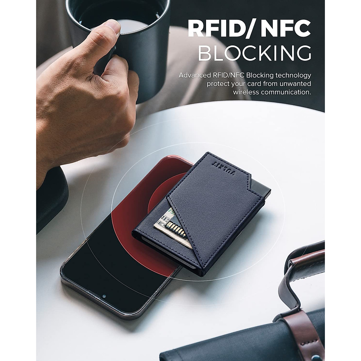 VULKIT Pop up Card Wallet RFID Blocking Slim Aluminum Metal Bank Card Holder Case with Business Money Pocket for Credit Cards Notes and Coins (Navy)