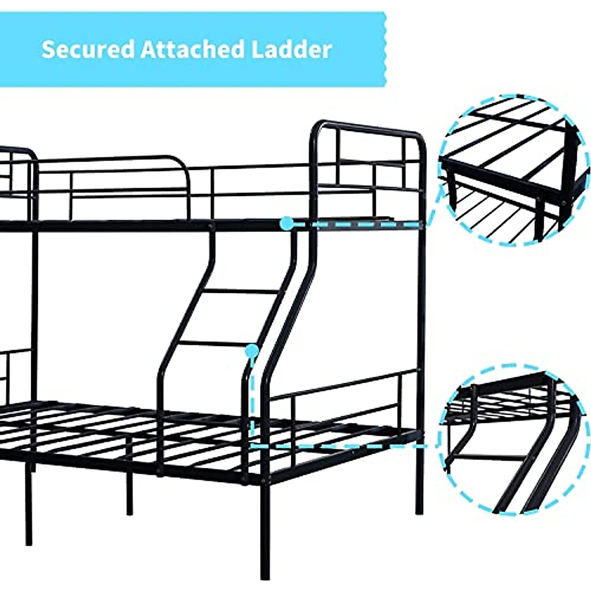 cuoote Twin Over Full Bunk Bed, Metal Twin Over Full Bunk Bed with Ladder and Guardrail, Space-Saving Design for Boys, Girls, No Box Spring Needed (Black, Twin Over Full)