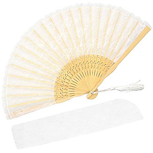 Zolee Small Sexy Lace Folding Hand Fan - Chinese Japanese Vintage Bamboo Silk Fans - for Dance, Performance, Decoration, Wedding, Party，Gift（White） 0302