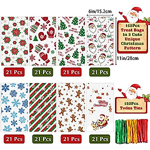 SUPERLELE Christmas Cellophane Bags 168pcs Christmas Treat Bags with 180pcs Twist Ties 8 Assorted Styles Christmas Candy Bags Sled and Woollen Gloves Pattern Snack Bags for Christmas Party Supplies